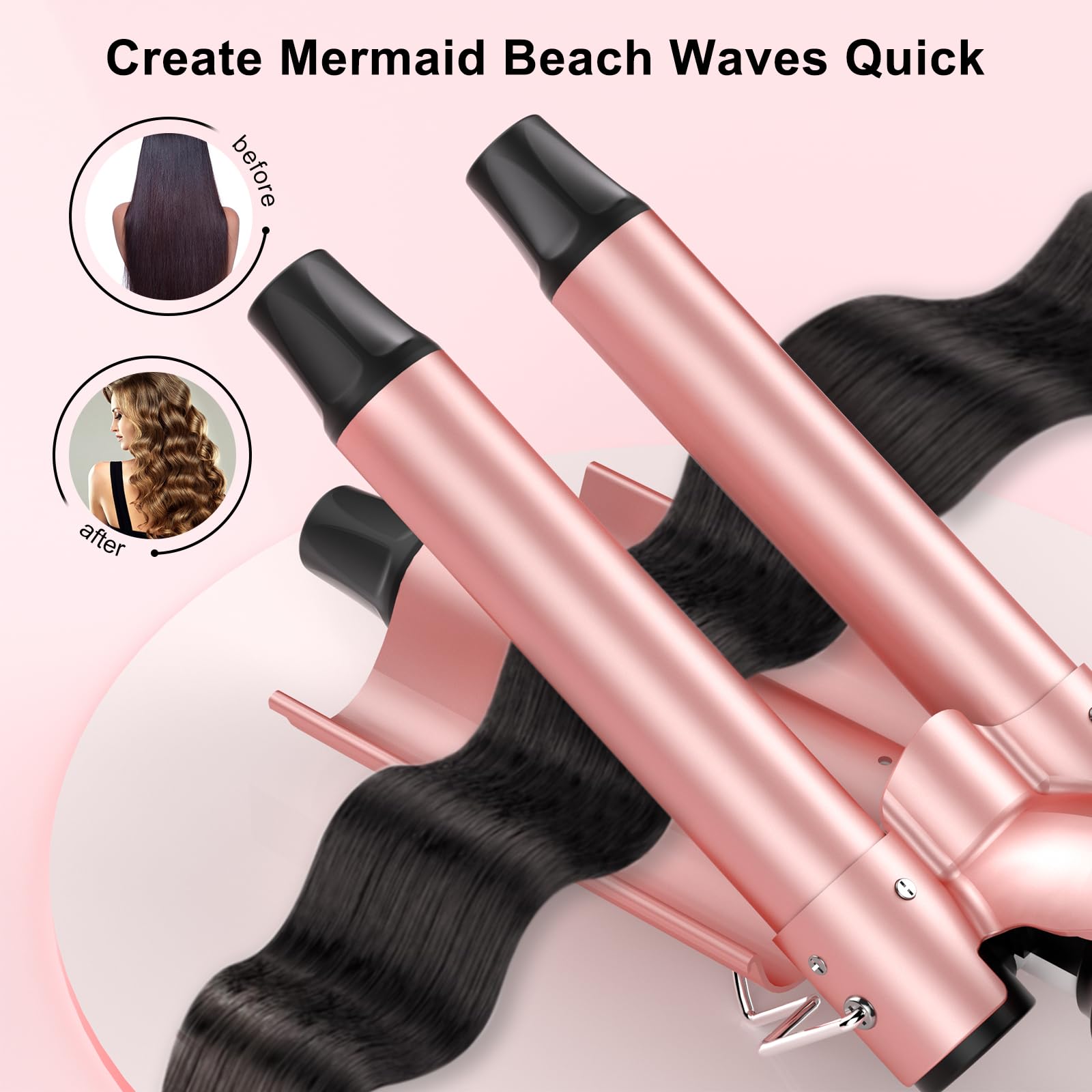 Curling Iron Wand Set, 5 in 1 Wave Hair Curler 0.35-1.25 Inch Interchangeable Ceramic Barrels Crimpers (Pink)