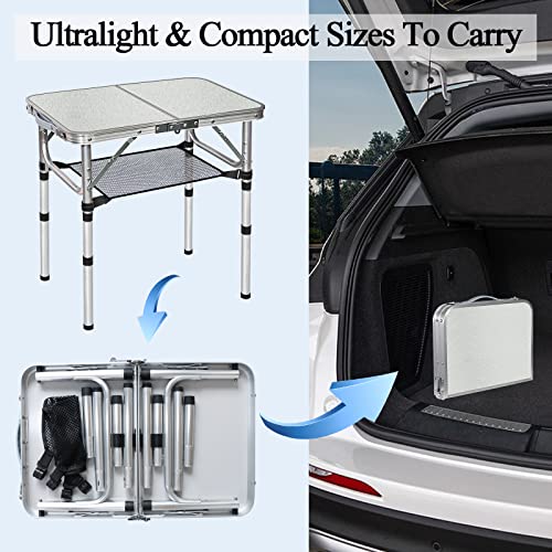 FURFIMU Small Folding Table,3 Adjustable Height Foldable Table,2Ft Portable Camping Table,Outdoor Folding Table with Net Mesh,Folding Beach Table,White Metal Folding Table for Patio BBQ