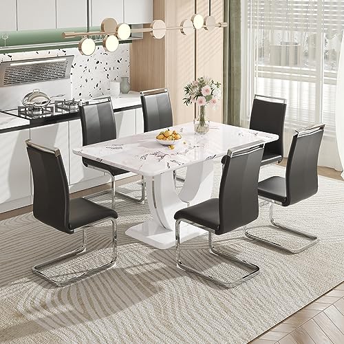 LKTART 63'' Dining Table Faux Marble White Desktop for Kitchen Dining Living Room