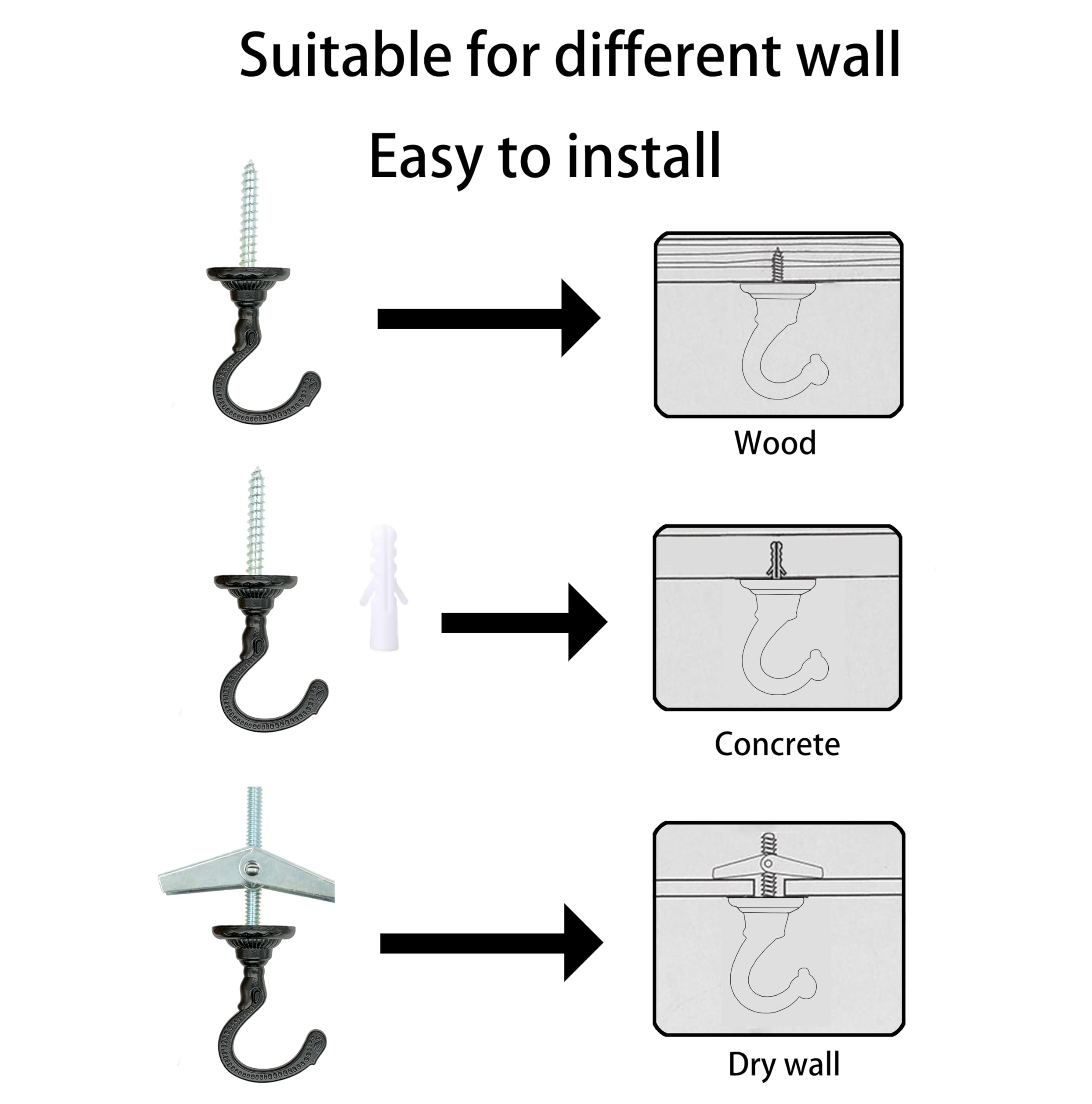 Evsteluo Large Swag Ceiling Heavy-Duty Hooks with Complete Hardware Kit - Ideal for Hanging Plants, Ceiling & Drywall Installation (2 Sets Black)