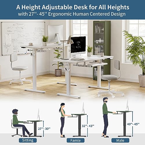 BANTI 40" x 24" Height Adjustable Electric Standing Desk with Keyboard Tray, Sit Stand up Desk with Splice Board, White Frame/White Top