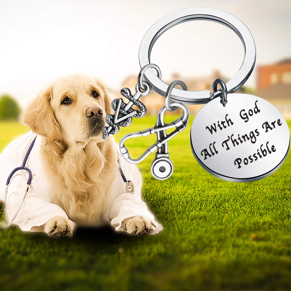 BEKECH Veterinarian Gift Veterinary Technician Gift with God All Things are Possible Keychain with Caduceus Stethoscope Charm Vet Tech Jewelry Animal Rescue Gift (Silver)