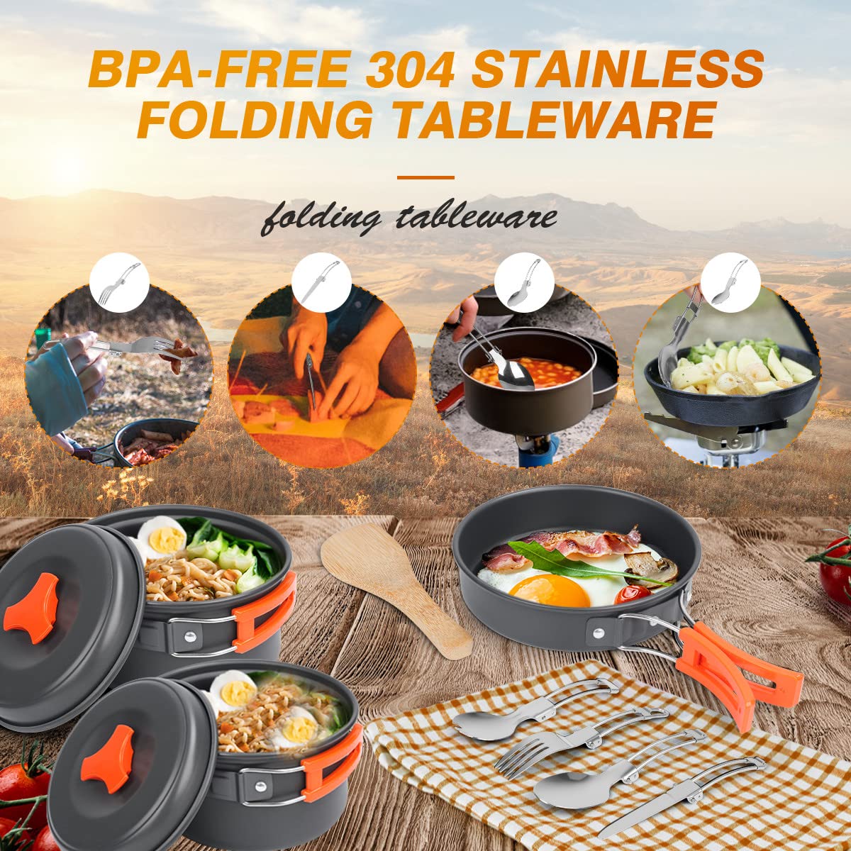 Bisgear Camping Cookware Mess Kit for Backpacking Gear - Camping Pots and Pans Set with Cups Plates Flatware - Camping Cooking Set Accessories - Survival Gear and Equipment
