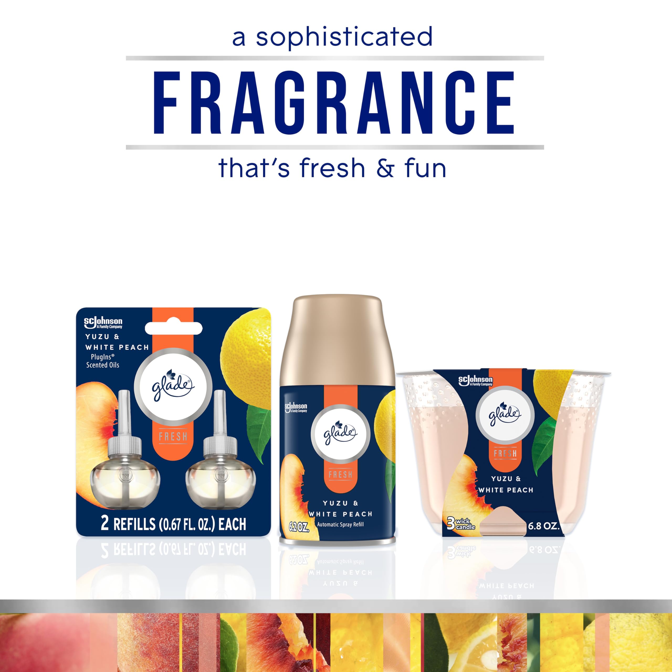 Glade Candle Yuzu & White Peach, Fresh Collection, Fragrance Candle Infused with Essential Oils, Air Freshener Candle, 3-Wick Candle, 6.8 Oz, 3 Count