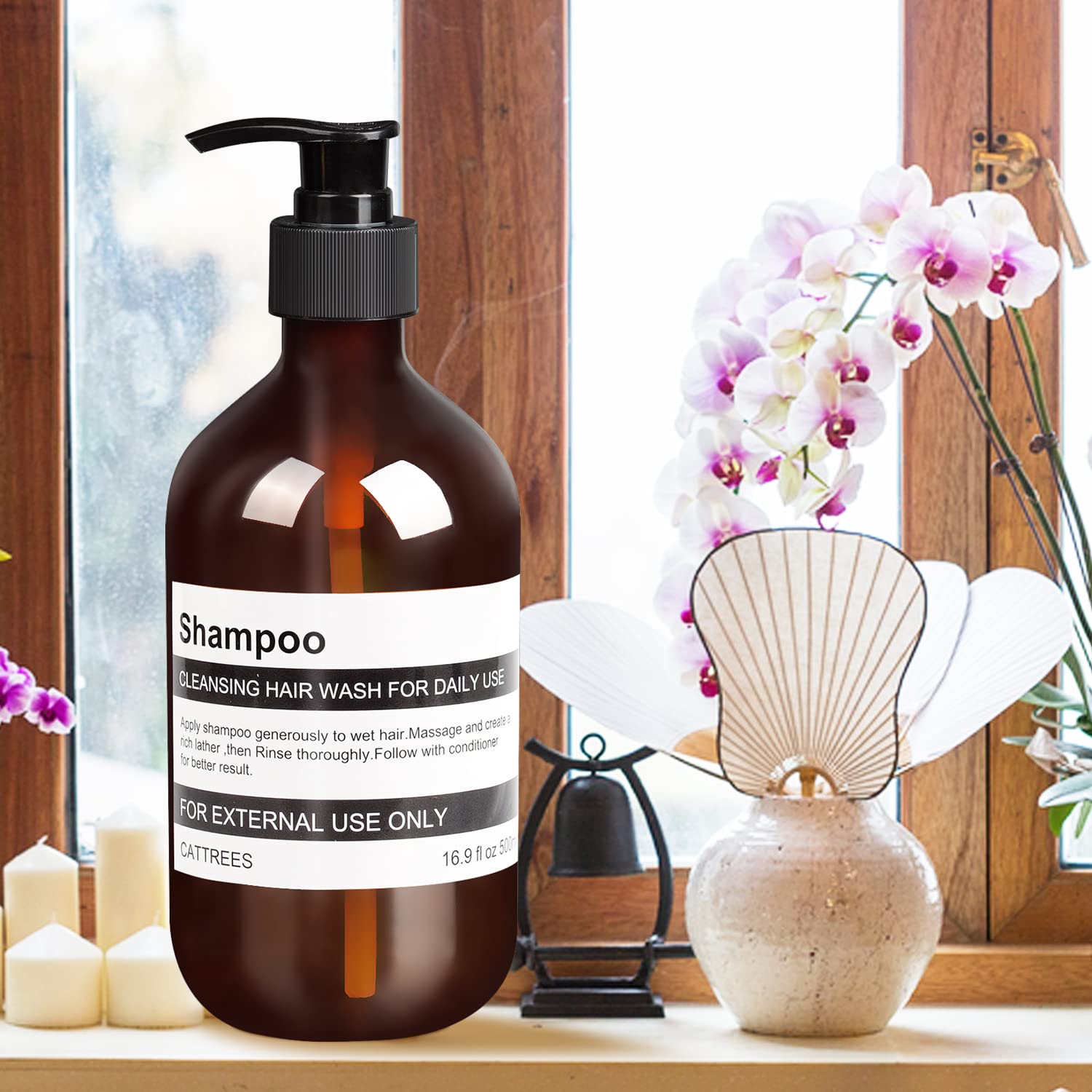 CATTREES 4 Pack Shampoo and Conditioner Bottles for Bathroom,16 oz Empty Amber Plastic Bottles with Pump & 6 Waterproof Labels for Hand,Lotion,Refillable Shampoo Conditioner and Shower Gel Dispenser.