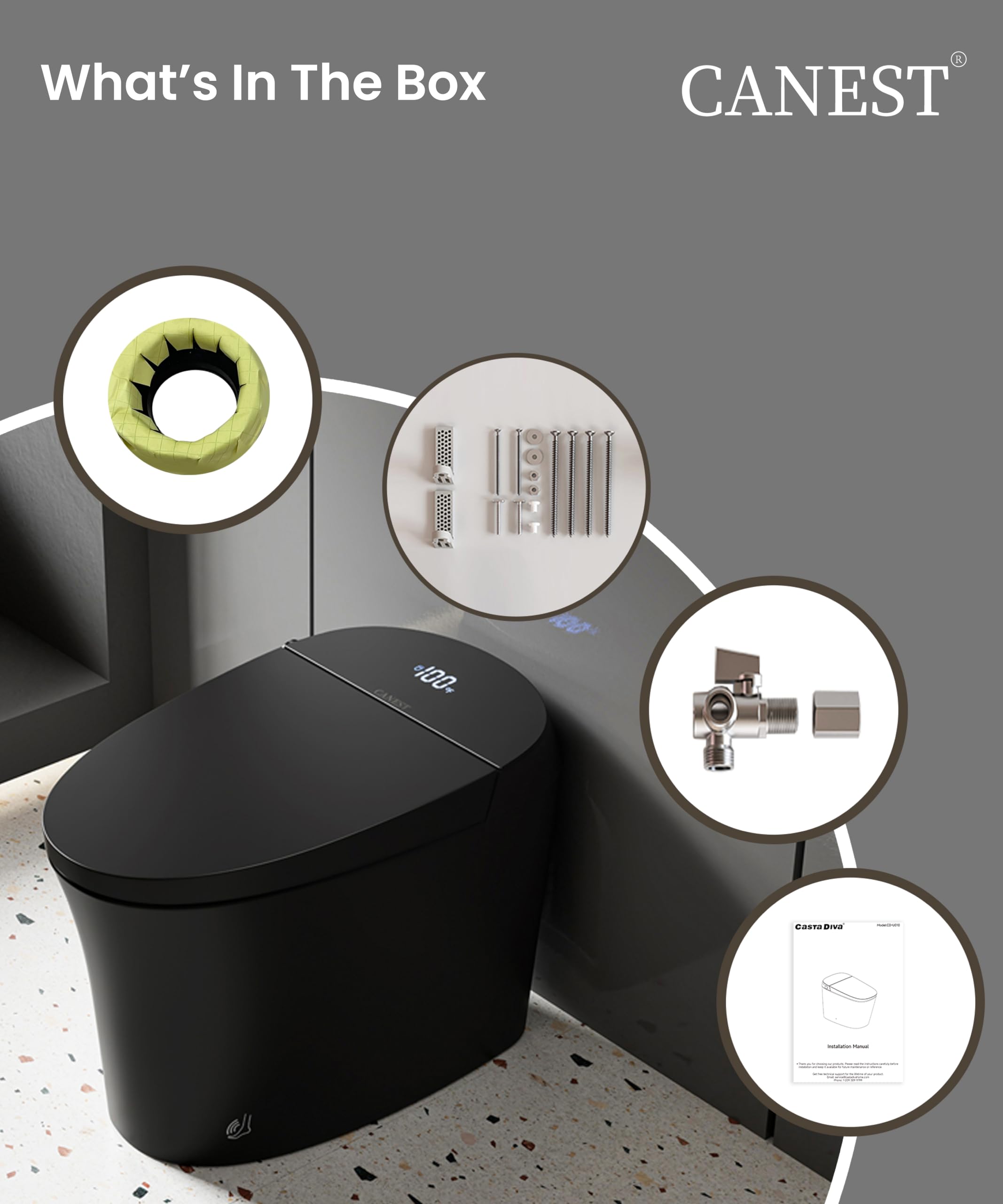 CANEST Black Smart Toilet with Pump-assisted Flush, Auto Open/Close Lid, Smart Bidet Toilet, Foot Sensor, Heated Seat, Warm Dryer, Temperature Display, Night Light (TC-200BG)