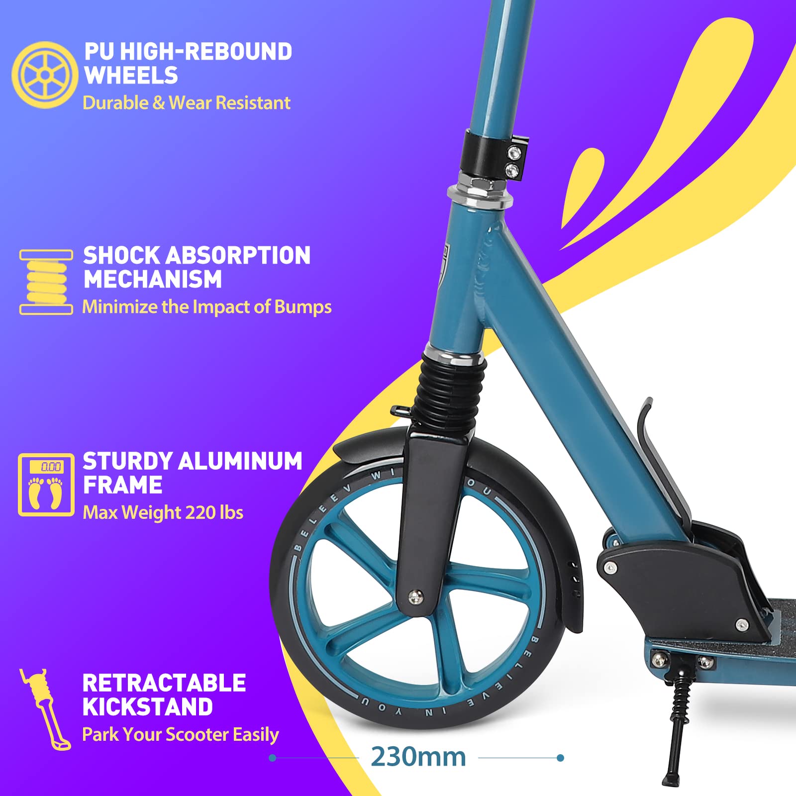 Beleev V5 Scooters for Kids 8 Years and Up, Foldable Kick Scooter 2 Wheel, Quick-Release Folding System, Shock Absorption Mechanism, Large 200mm Wheels Sports Scooters for Adults and Teens (Navy Blue)