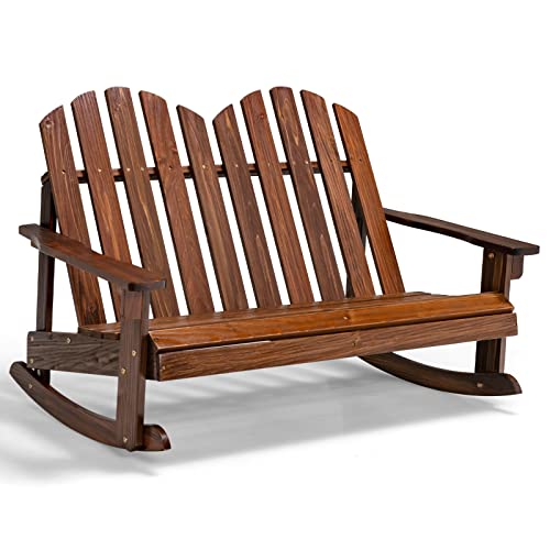 Giantex 2-Person Adirondack Rocking Chair - Kids Outdoor Rocking Bench with Slatted Seat, High Backrest, 220LBS Weight Capacity, Kids Patio Rocker for Balcony, Yard, Poolside (1, Coffee)