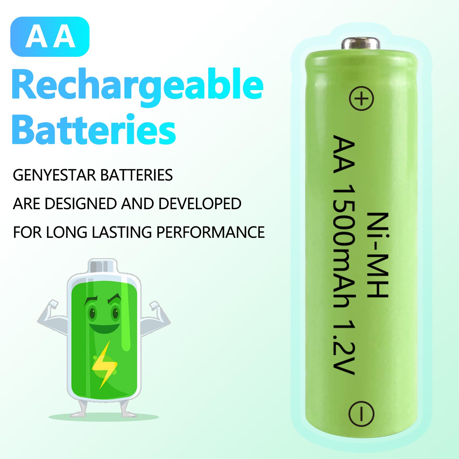 GENYESTAR AA Rechargeable Batteries NIMH 1.2V Double A 1500mAh High Capacity Solar Battery Low Self Discharge, Pack of 8