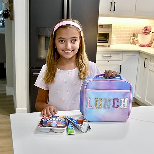 FROG SAC Kids Lunch Bag for Girls, Reusable Insulated Preppy Tie Dye Glitter Varsity Letter Patch Lunch Box, Cute Soft Back to School Tween Lunchbox
