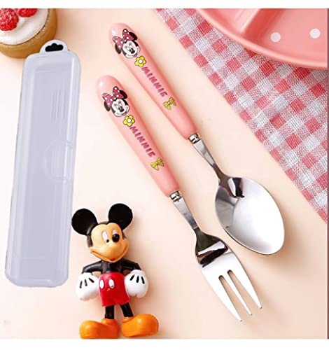 Meet Beauty Ding 1Set Stainless Steel Minnie Spoon Fork Set Pink Kid's Flatware with A Container Girl Children's Tableware Female Student's Cartoon Dinnerware Meal Tool(Made in China