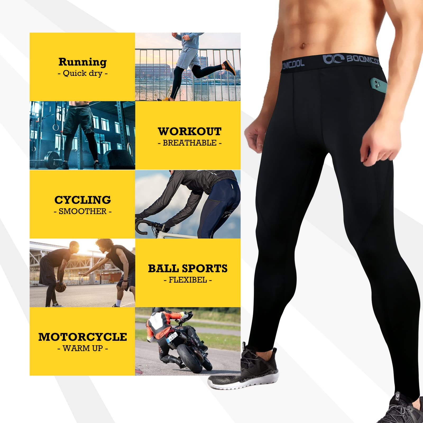 BOOMCOOL Men's Compression Pants with Pockets, Men's Running Tights Leggings Workout Dry Baselayer Gym Athletic Yoga Pants Black and Black