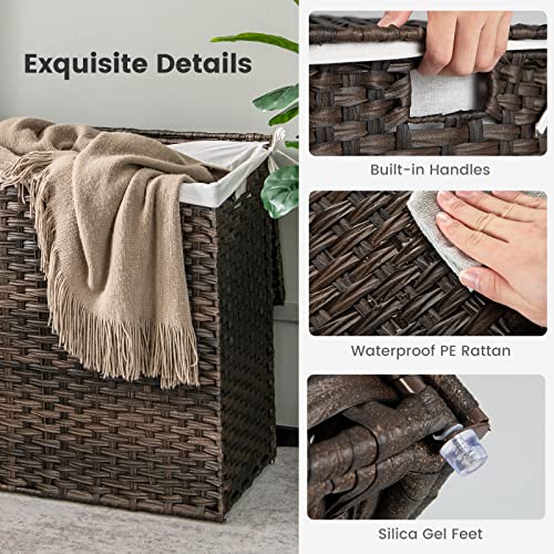Giantex Laundry Hamper with Lid and Handle, 35 Gal (130L) Wicker Laundry Basket, 3-Section Removable Liner Bag, Synthetic Rattan Divided Clothes Hamper Storage Organizer for Bathroom (Brown)
