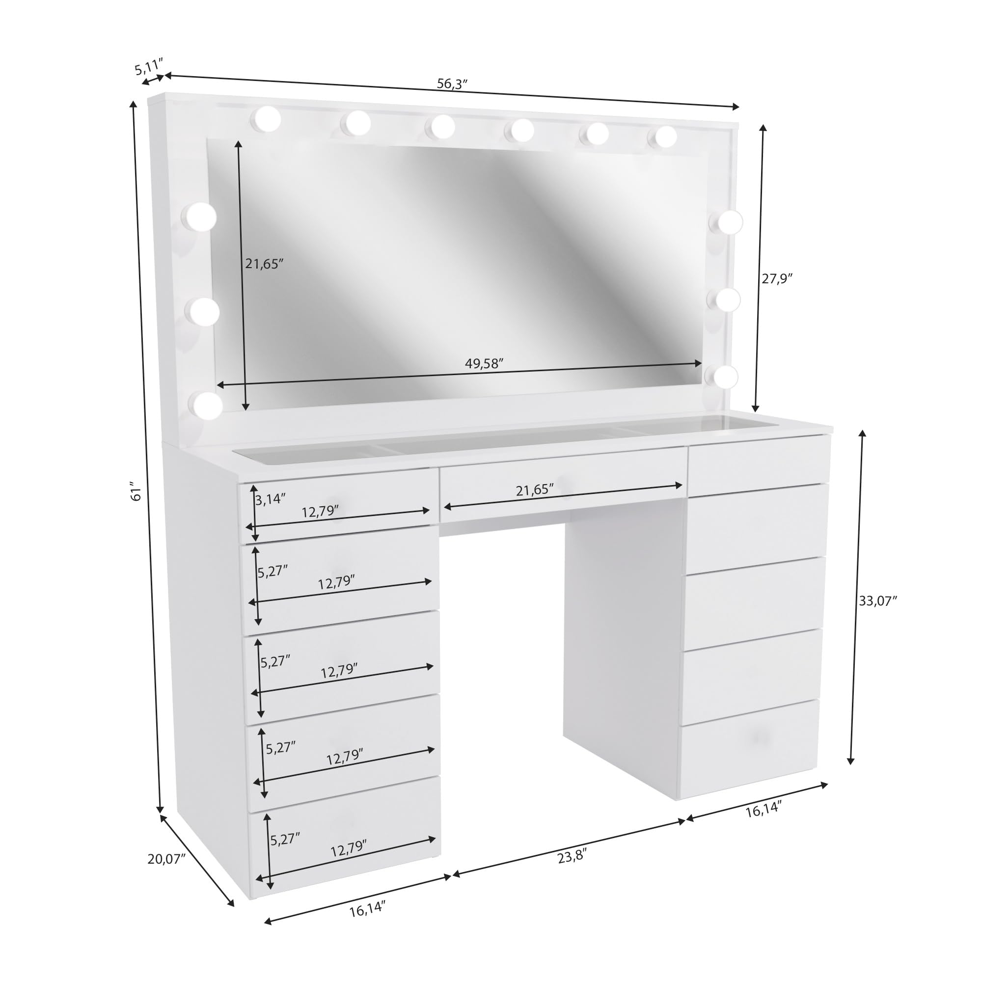 Boahaus Orla Extra Large Makeup Vanity Desk with Lights Built-in, Power Outlet, 11 Drawers, Hollywood Vanity Mirror, Glass Top Vanity, Crystal Knobs, White Big Vanity, 61.02''Hx56.3''Wx20.08''D