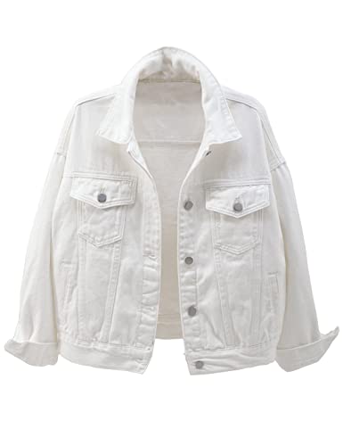 Locachy Women's Casual Denim Jacket Solid Color Basic Long Sleeve Jean Jacket Coat White XL