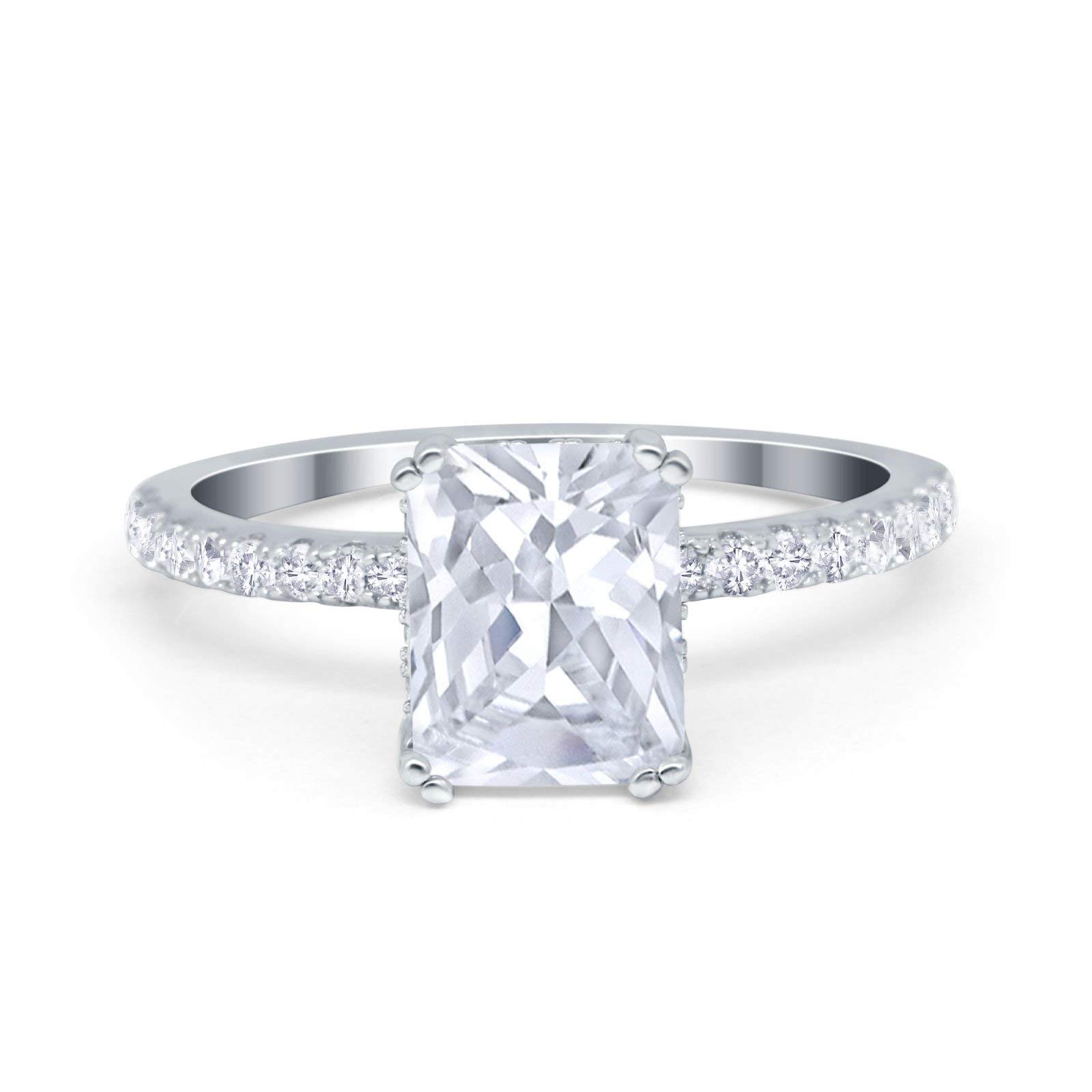 Blue Apple Co. Simulated Cubic Zirconia Size-5 Art Deco Radiant Cut Wedding Engagement Ring Round CZ 925 Sterling Silver