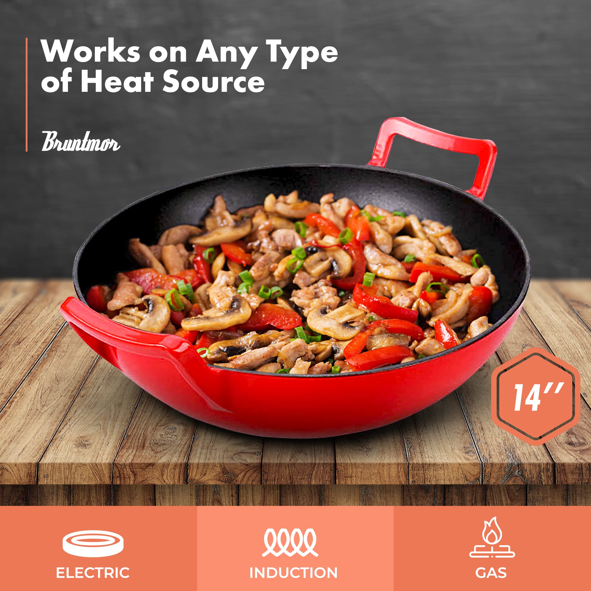 Bruntmor 14 Inch Enameled Cast Iron Wok/Pot. 14" Nonstick Enamel Skillet Pan With Large Loop Handles & Flat Base. Cookingware For Kitchen/Indoor/Outdoor Camping. (Red)
