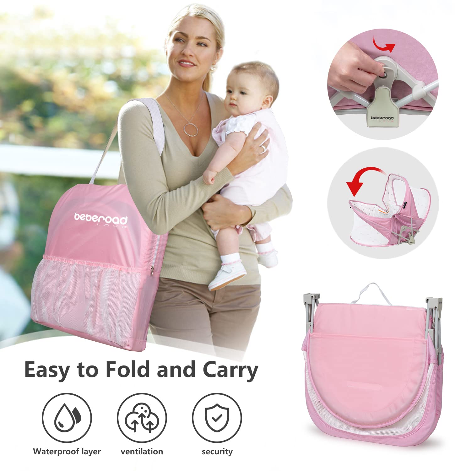 Beberoad Love Baby Travel Bassinet for Newborn Infants with Mosquito and Sunshade Net (Pink), 2 Pack 100% Cotton Bassinet Sheets (32 x 18 x 3 Inches)
