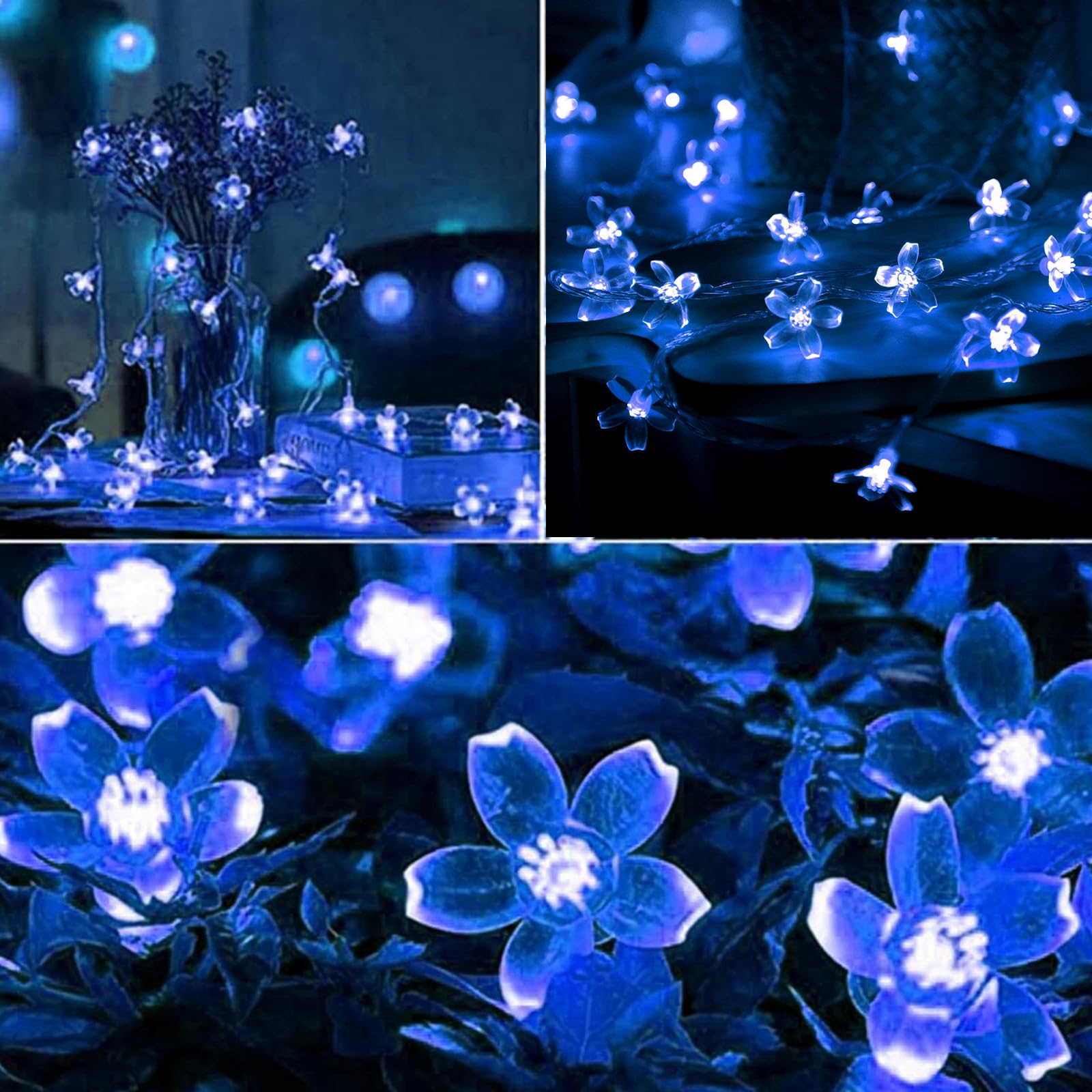 Blue Flower Fairy Lights, 33ft 100 LED Plug in Christmas Tree Light Home Decor, Wedding Party Decorative Artificial Flower Strings for Garden Patio Fence Yard Spring Outdoor DIY Decoration (Blue)