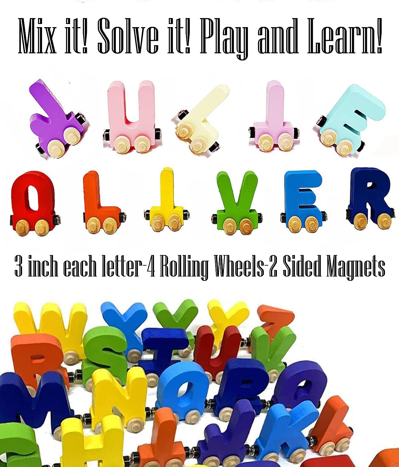 Large Handmade Name Wooden Trains Alphabet Puzzle Name Letters Educational Toys for Kids
