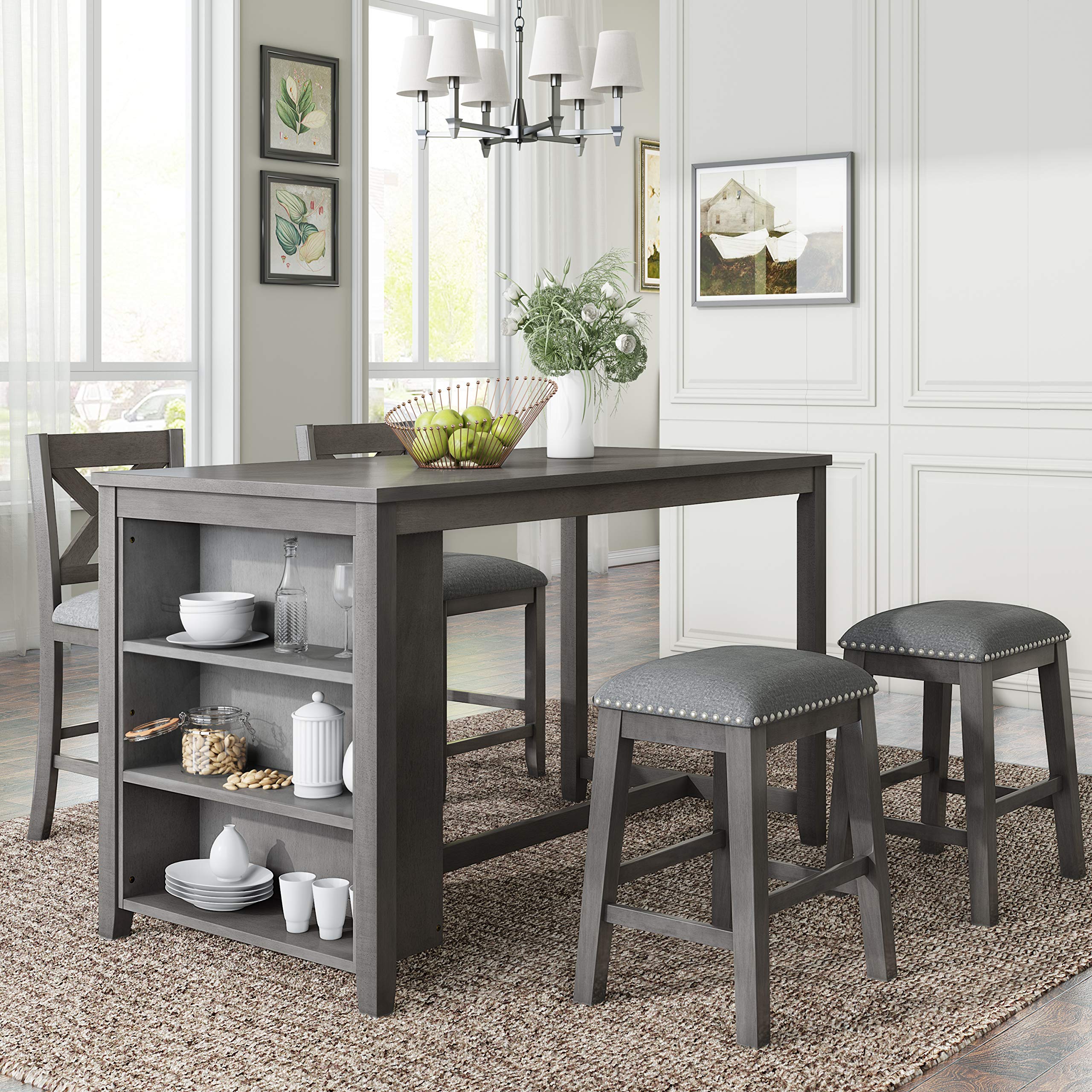 Bellemave 5 Pieces Counter Height Dining Table Set for 4,Rustic Farmhouse Wooden Bar Table Set with 3-Tier Shelf, 2 Stools and 2 Chairs for Kitchen Dining Room(Grey)