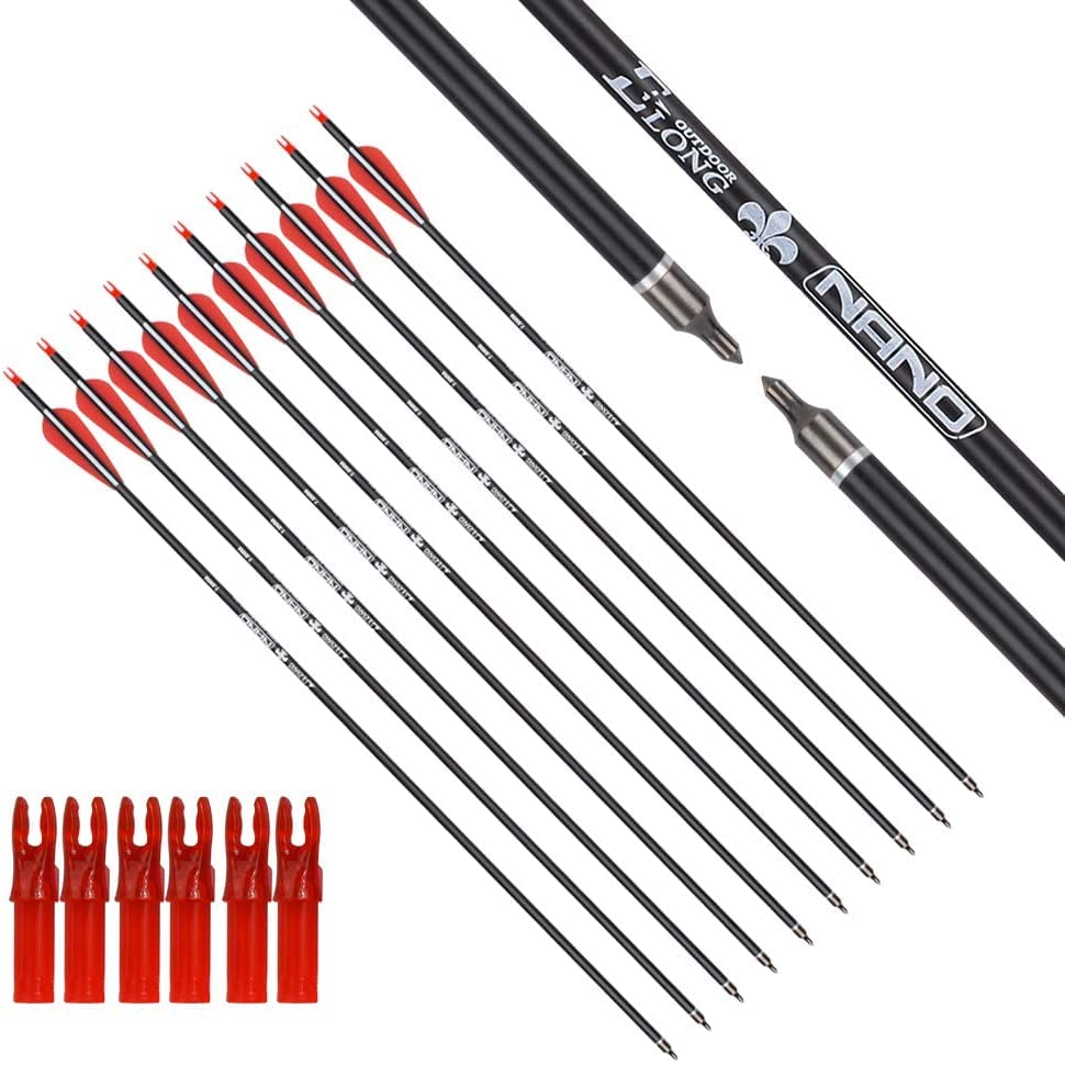 Carbon Arrow Hunting Target Practice Arrows 26 28 30 Inch with Removable Tips for Compound & Recurve Bow Spine 500