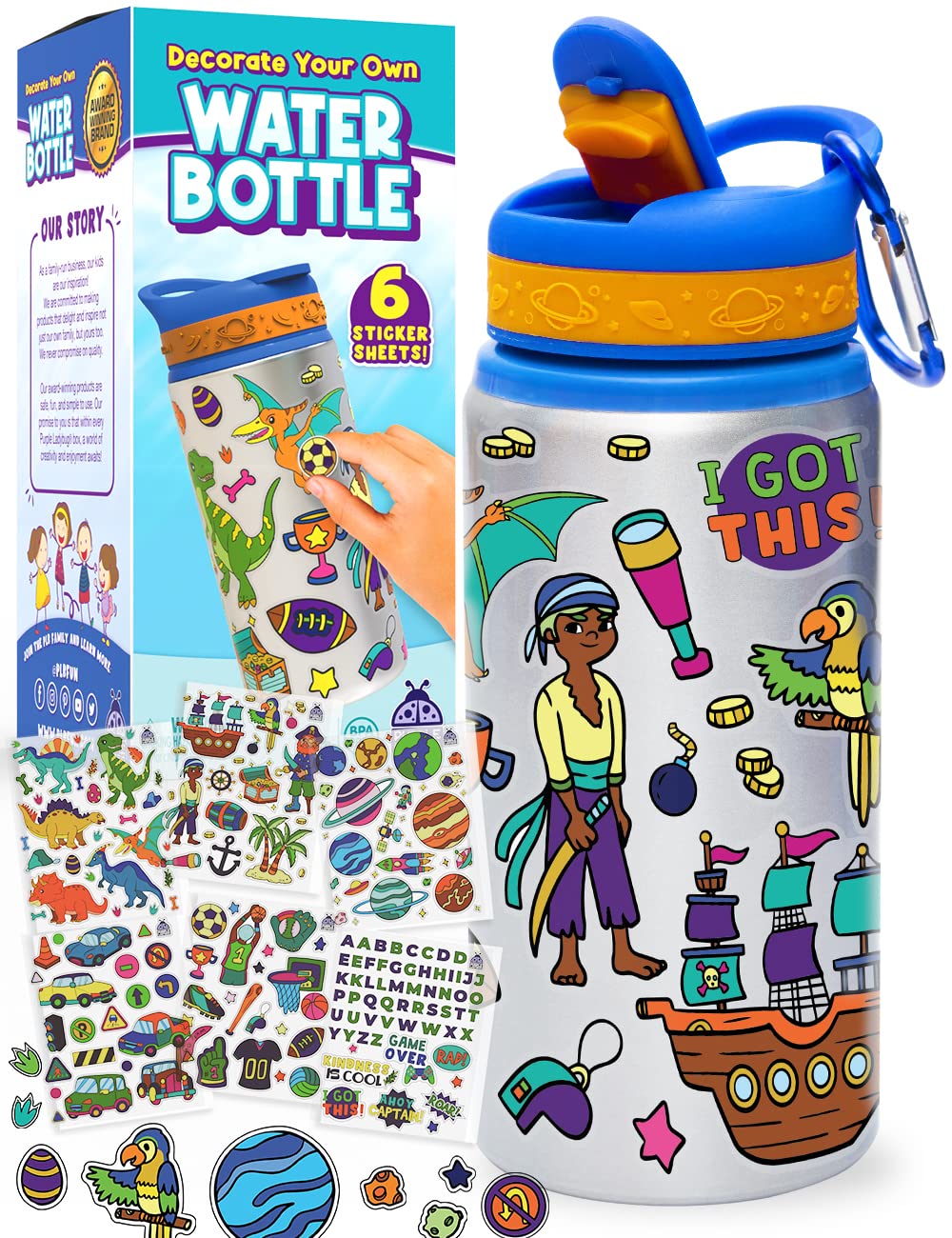PURPLE LADYBUG Decorate Your Own Water Bottle for Girls Craft Set - Gifts for 6 Year Old Girl, 10 9 8 7 Year Old Girl Gifts, Fun Coloring Crafts for Girls Ages 6-8, School Water Bottles for Kids