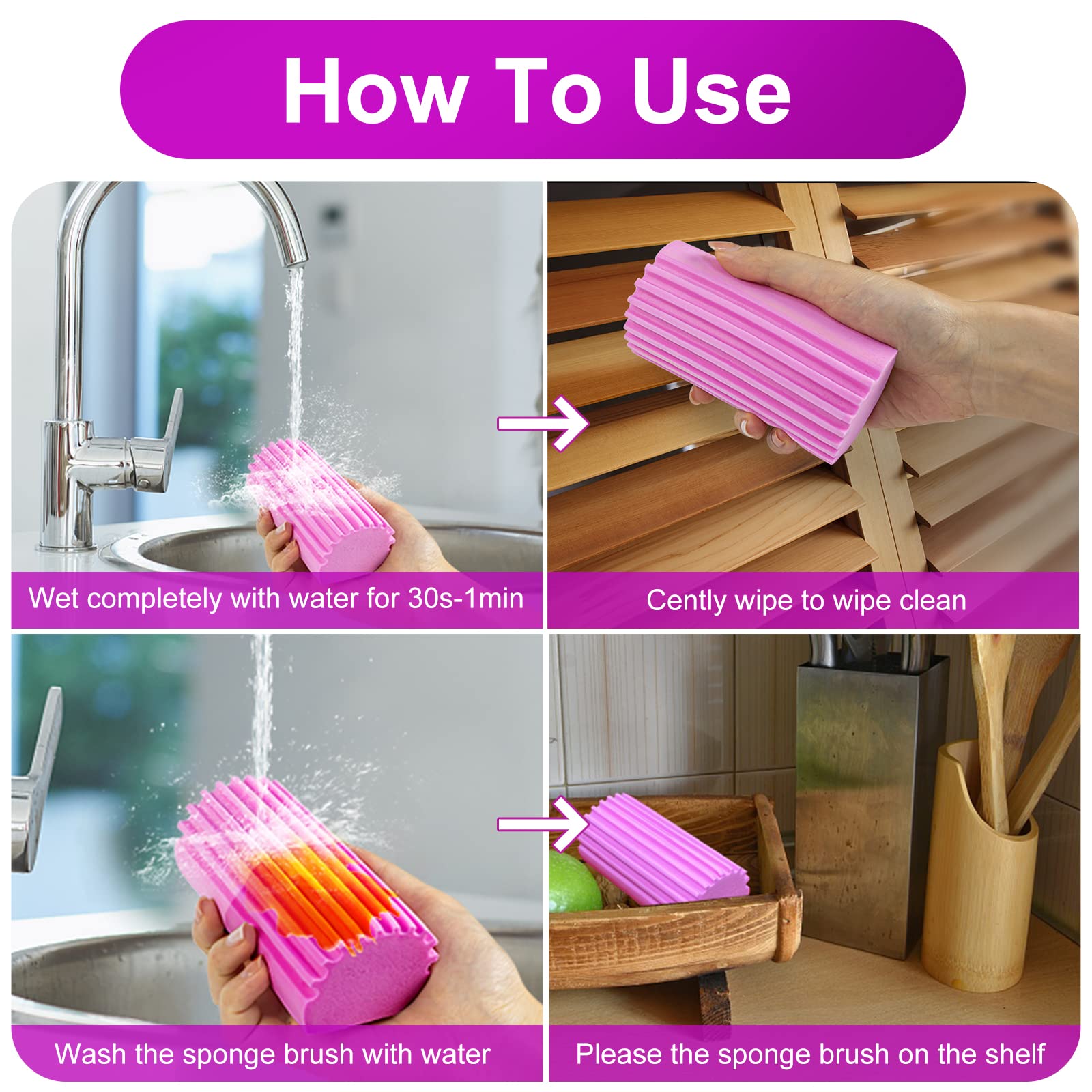 BITOPE 3 Pack Natural Duster, Magical Dust Cleaning Sponge, Duster for Cleaning Venetian & Wooden Blinds, Vents, Radiators, Skirting Boards, Gray +Pink+Yellow