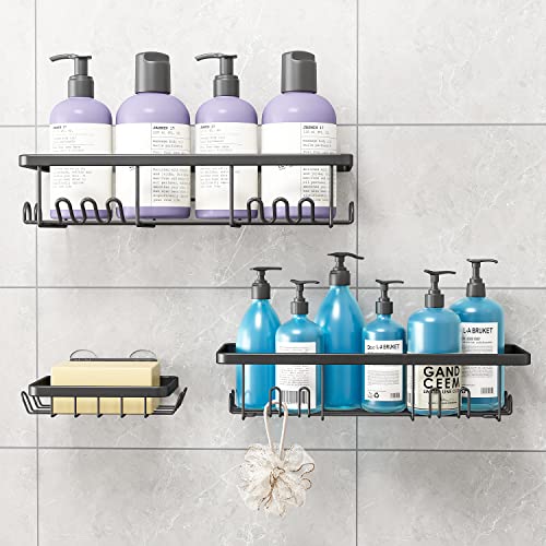 LOCVCDA Shower Caddy, Shower Organizer Shower Shelf with Soap Holder, No Drilling Rustproof Stainless Steel Bathroom Shower Organizer, Adhesive Shower Shelves (Black-3 pack)
