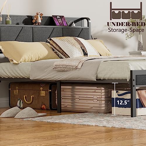 Furnulem Queen Size Bed Frame with LED Lights,Upholstered Storage Headboard with Charging Station and USB Port, Platform Bedframe Queen No Box Spring Needed, Noise Free