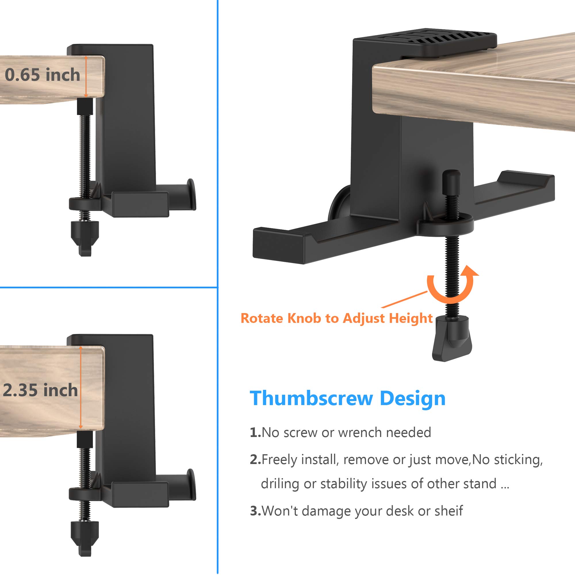 KAFRI RGB Headphone Stand Hanger with USB C Charger, Under Desk Dual Headset Holder Earphone Hook Mount Rack with 3 USB Charging Ports, PC Gaming Desk Accessories