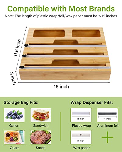 KOCWELL Bag Storage Organizer and Plastic Wrap Dispenser with Cutters, 2 Foil and Plastic Wrap Organizer, 4 Ziplock Bag Holder for Gallon, Quart, Sandwich Snack Variety Size Bags, Bamboo
