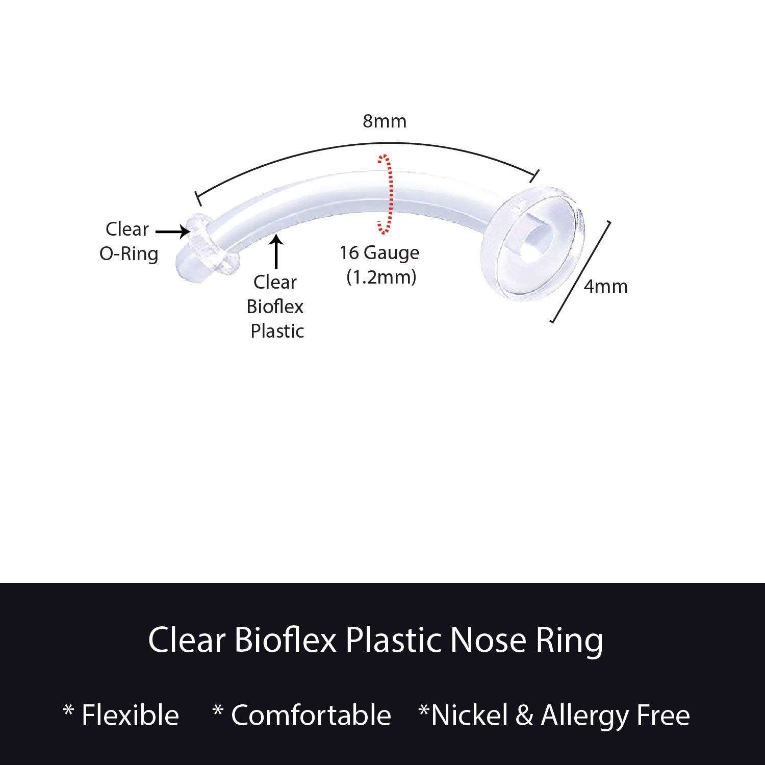 BodyJ4You 5PC Piercing Retainers Clear Bioflex Plastic 16G Eyebrow Lip Septum Flexible Curved Bar