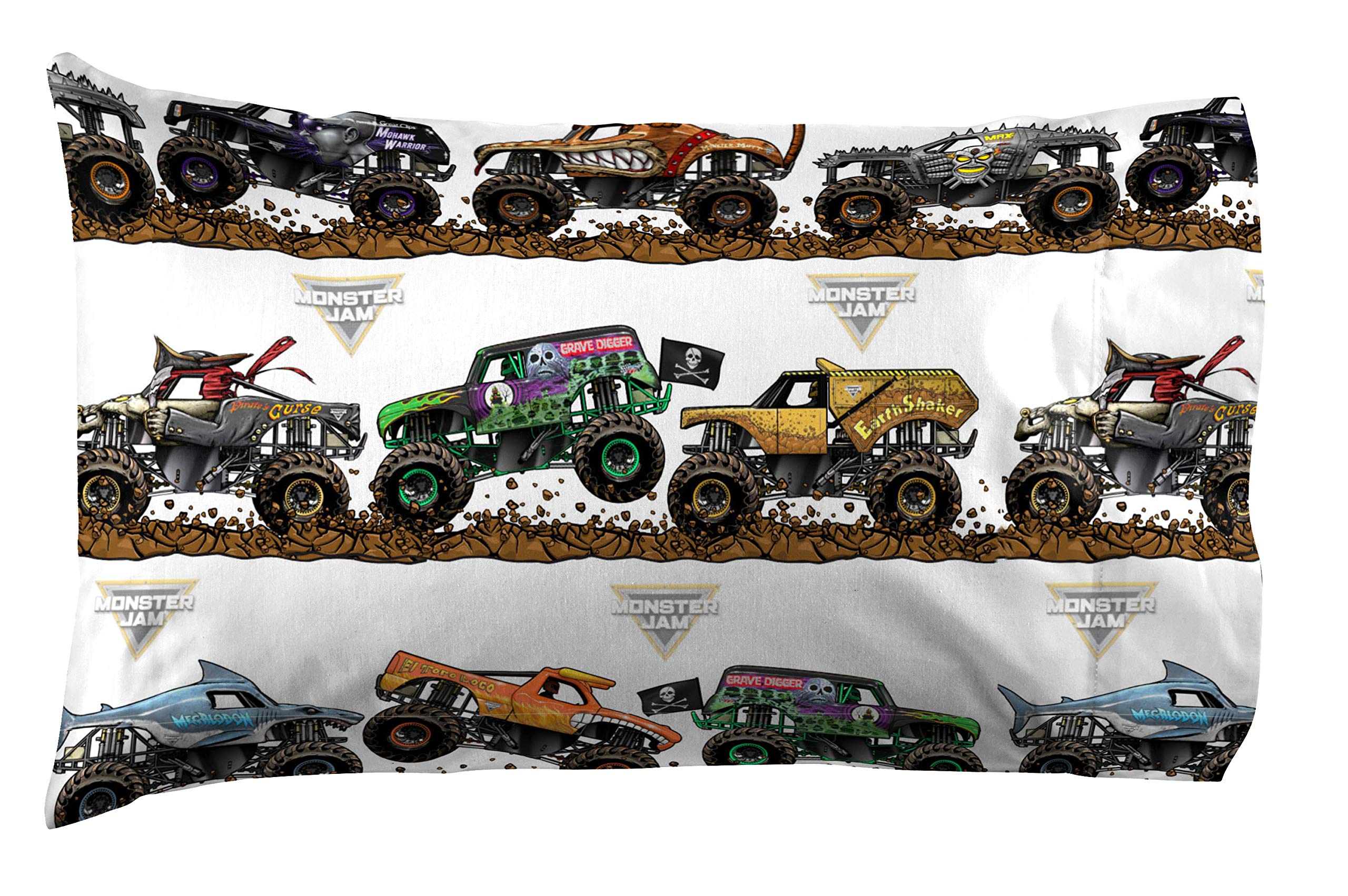 Jay Franco Monster Jam Tracks Twin Sheet Set - 3 Piece Set Super Soft and Cozy Kid’s Bedding Features Grave Digger & Megalodon - Fade Resistant Microfiber Sheets