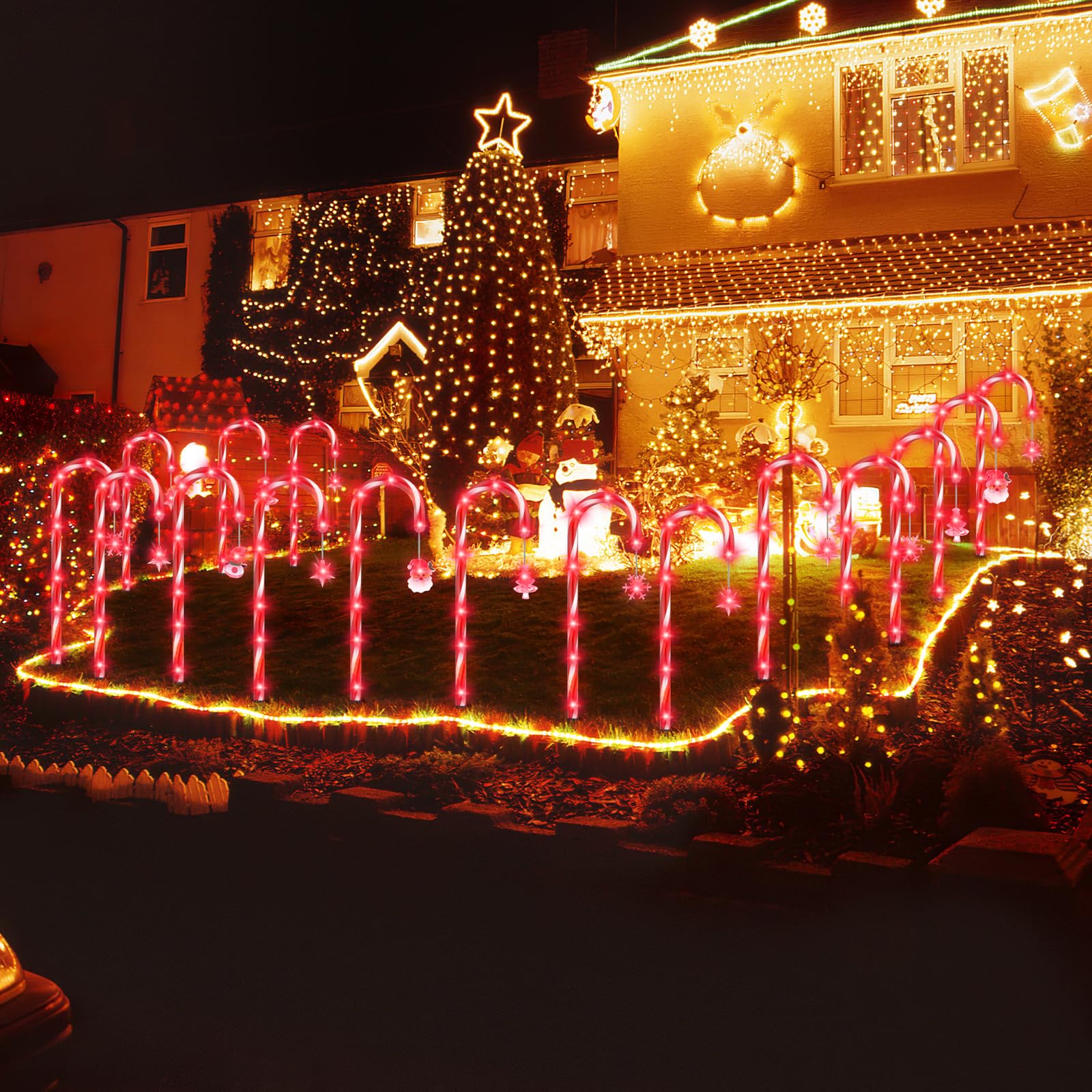 BITPOTT Christmas Decorations Candy Cane Solar Lights Outdoor 12 Pack, 28 Inch Christmas Solar Pathway Lights, Red Light Solar Garden Lights for Yard Pathway Walkway Markers Holiday Decor