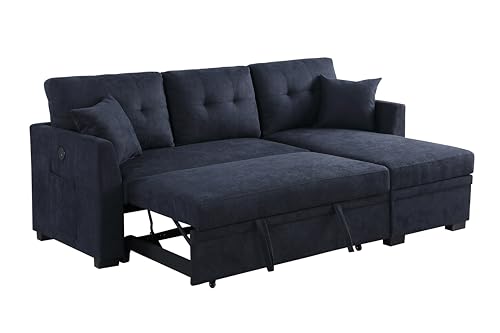 FANYE L-Shaped Reversible Pull Out Sleep Sofabed, Modern Velvet Upholstered Tufted Sleeper Sectional Sofa with Storage Chaise, USB Charging Ports, Side Pockets and 2 Pillows for Living Room