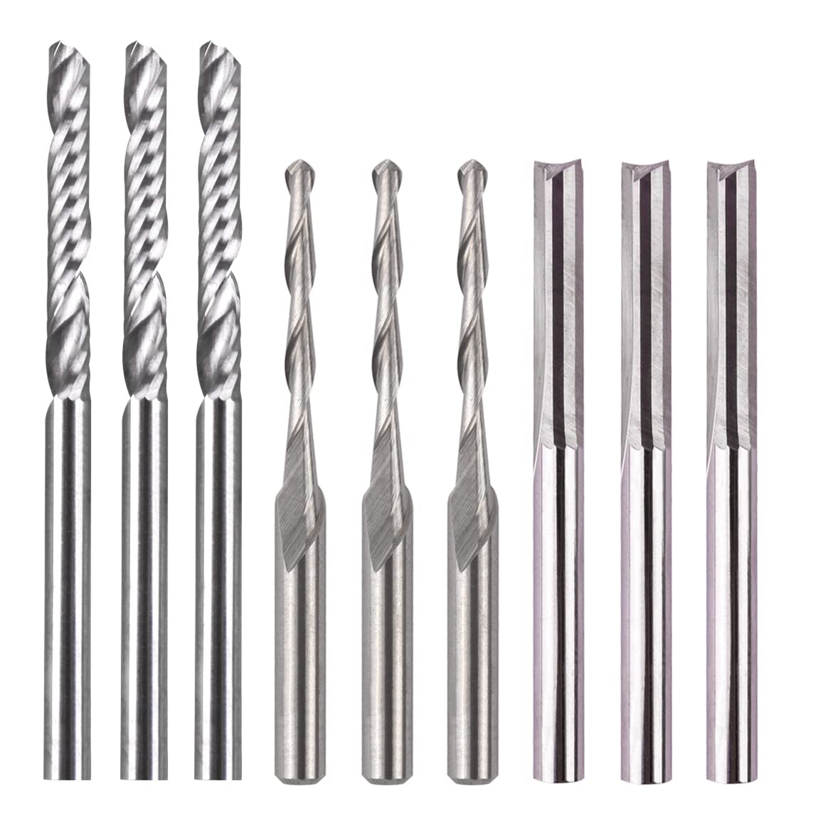 CBRIGHT 9 PCS Carbide END Mill Cutter, 3 PCS 1/8" CNC Router Bits Single Flute Tools + 6 PCS 2 Flute Edged Milling Cutter(2 Types) for Nylon, Resin, ABS, Acrylic, PVC, MDF, Hardwood