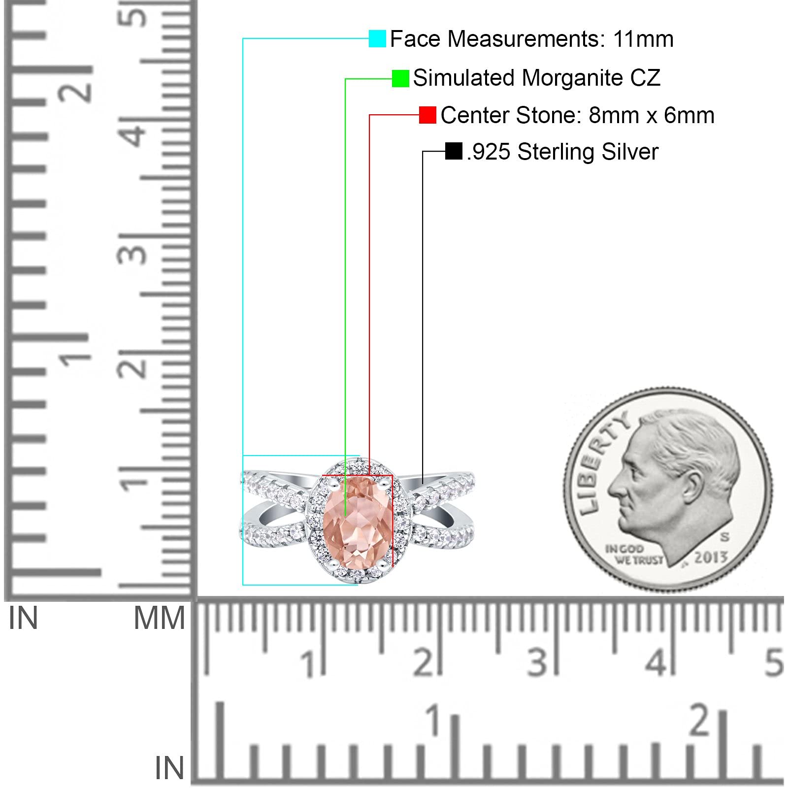 Blue Apple Co. Simulated Morganite Cubic Zirconia Size-10 Split Shank Halo Oval Wedding Engagement Ring Round CZ 925 Sterling Silver