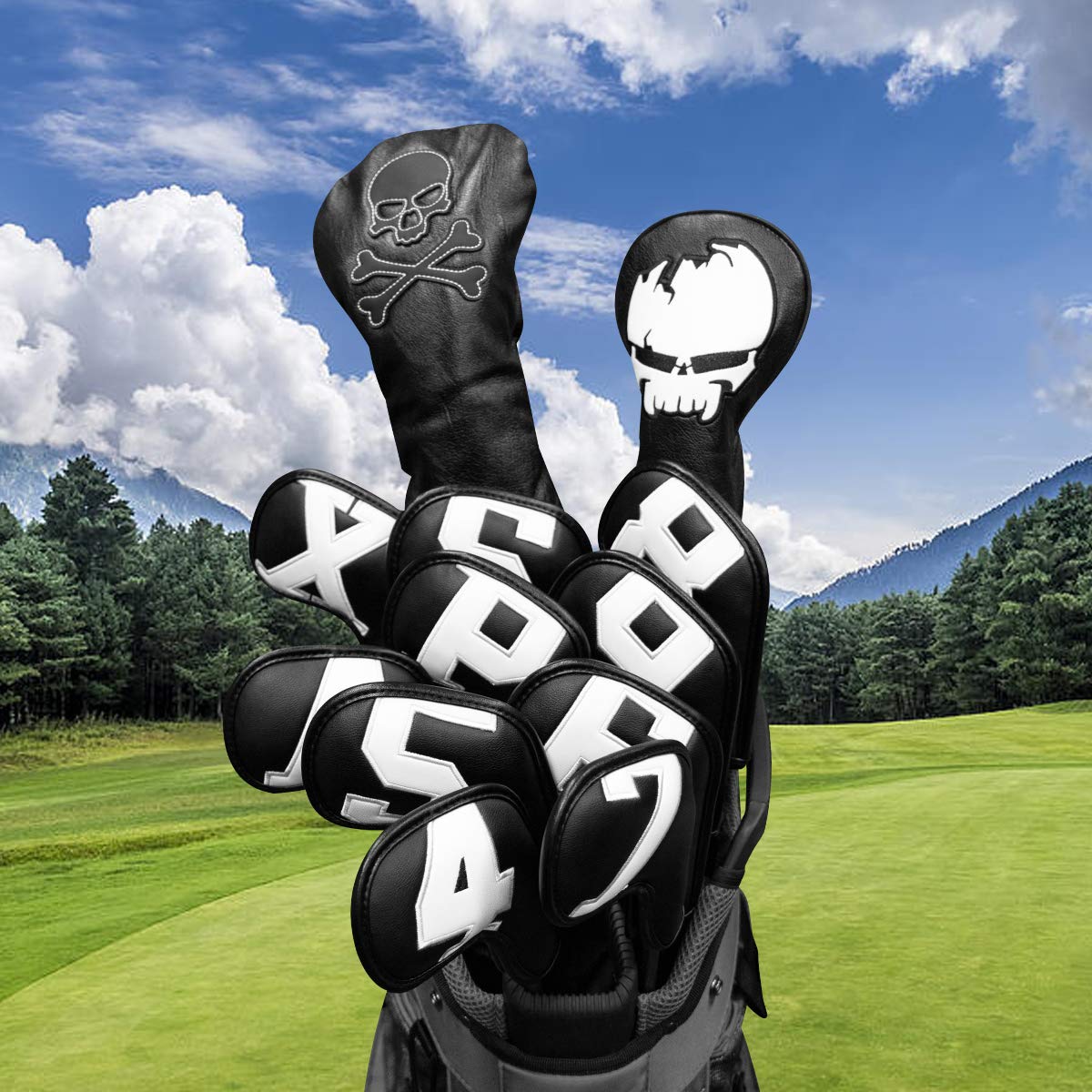 Barudan Golf Iron Club Head Covers Set Headcovers for Callaway Ping S5 - Big Colorful Number - Long Neck - Black Pu Leather fits Small Standard Oversized Golf Clubs 10pcs/Pack (Black+White Number)
