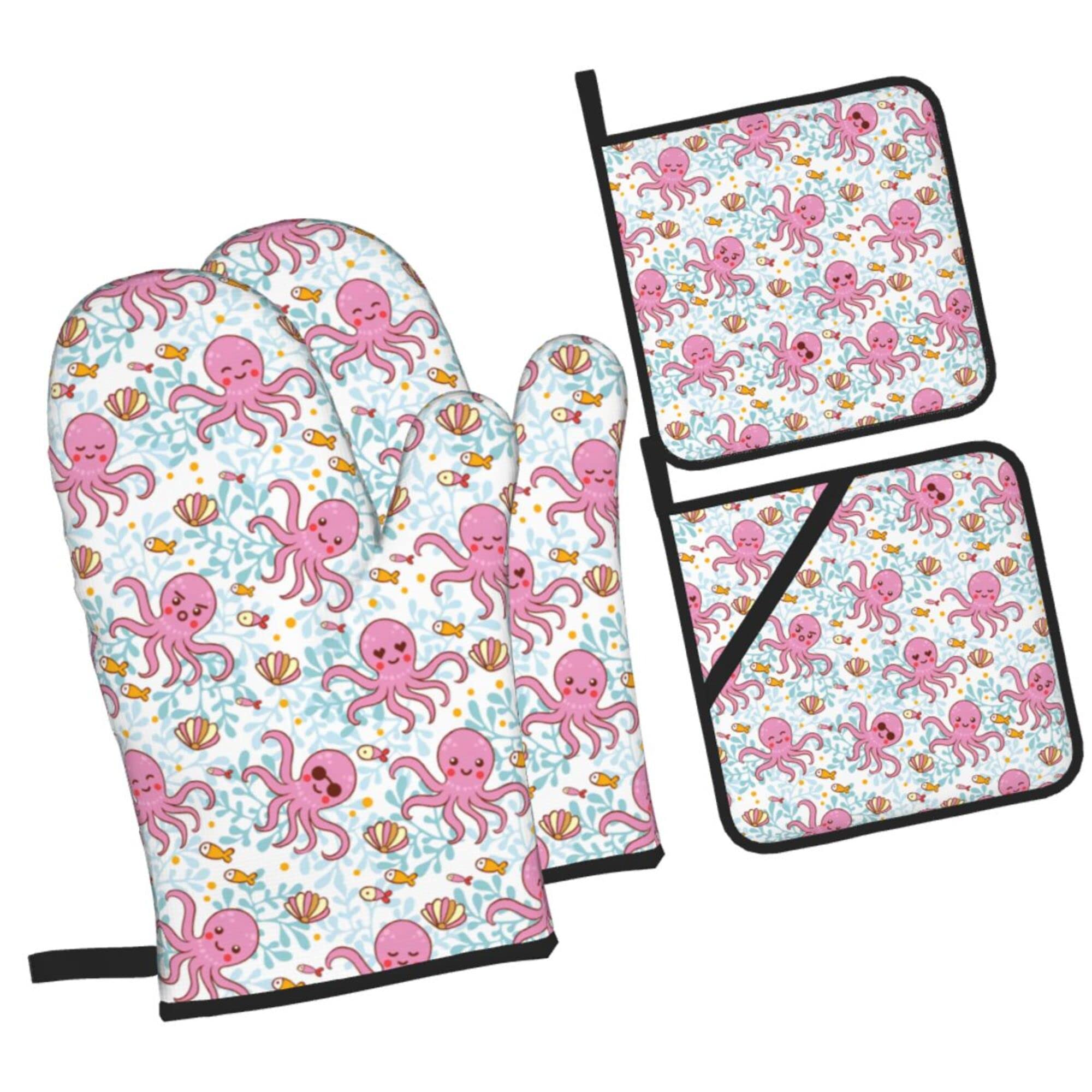 Cute Octopus Oven Mitts and Pot Holders Sets of 4 Heat Resistant Cooking Gloves and Potholders Non-Slip Kitchen Mittens Hot Pads with Hanging Loop for Kitchen Baking BBQ Grilling Picnic