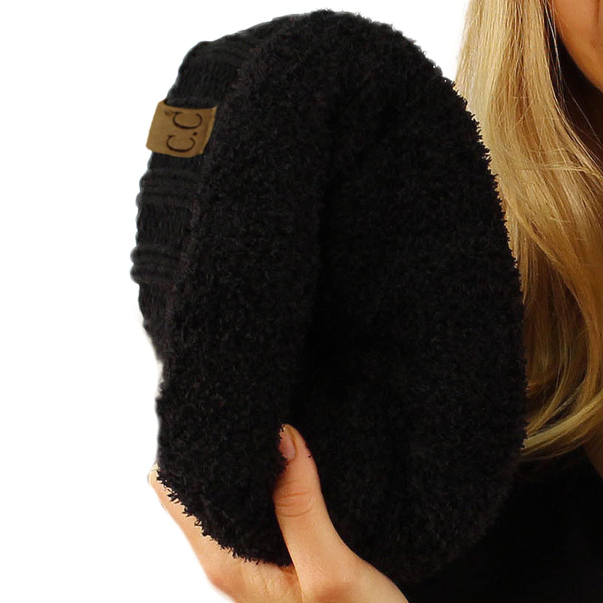CC Fleeced Fuzzy Lined Unisex Chunky Thick Warm Stretchy Beanie Hat Cap (Solid Black)