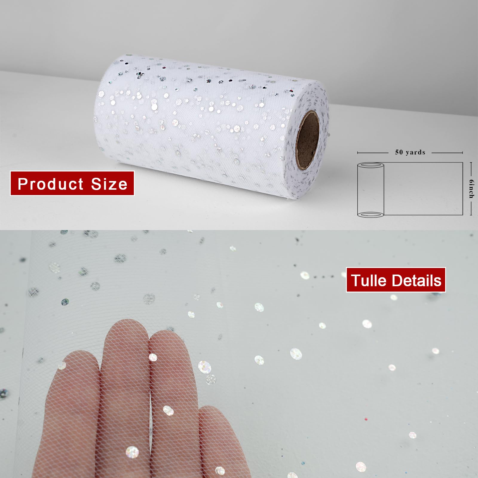 Glitter Tulle Rolls, 6” by 50 Yards (150FT) Sequin Tulle Netting Fabric Tulle for Tutu Skirts Sewing Birthday Wedding Party Decoration (White)