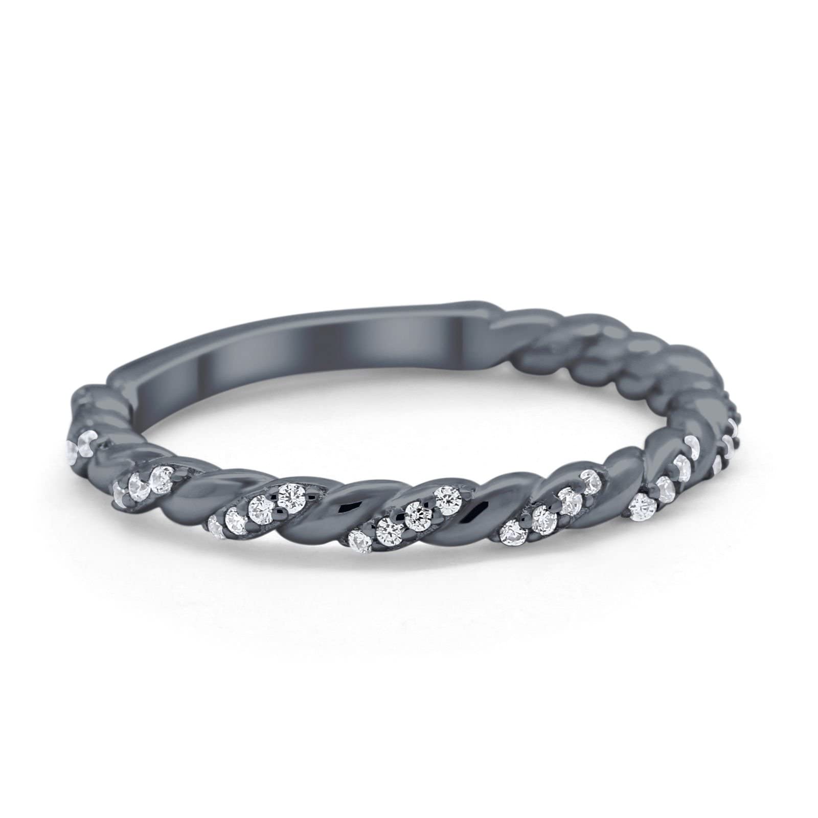 Blue Apple Co. Black Tone, Simulated Cubic Zirconia Size-8 Art Deco Infinity Braided Twisted Wedding Band Stackable Eternity Ring Round CZ 925 Sterling Silver