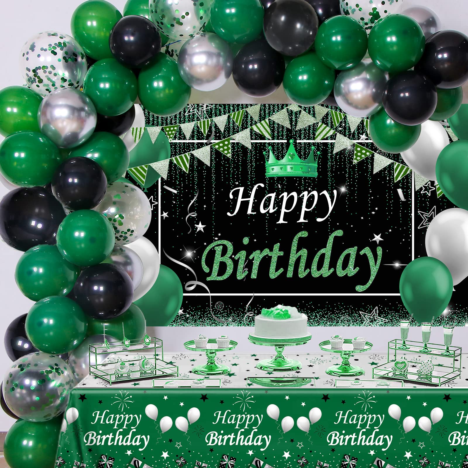 Birthday Decorations for Men Women, Green Black Birthday Party Decorations Happy Birthday Backdrop Banner Latex Confetti Balloons Disposable Tablecloth Boys Girls Bday Party Supplies
