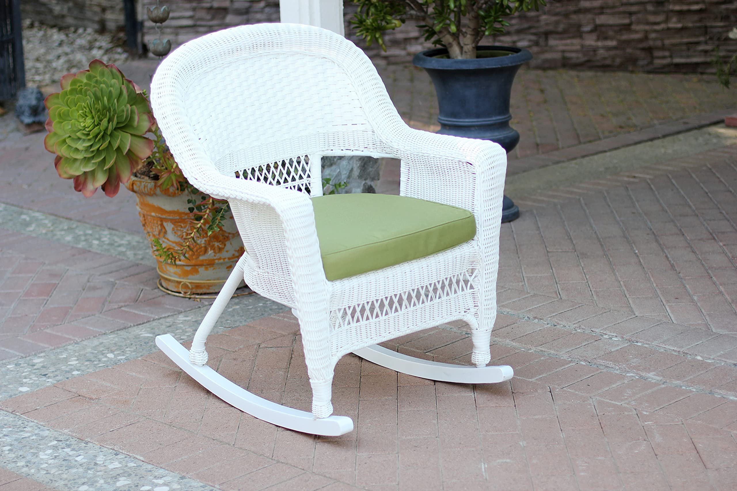 Jeco Rocker Wicker Chair with Green Cushion, Set of 2, White