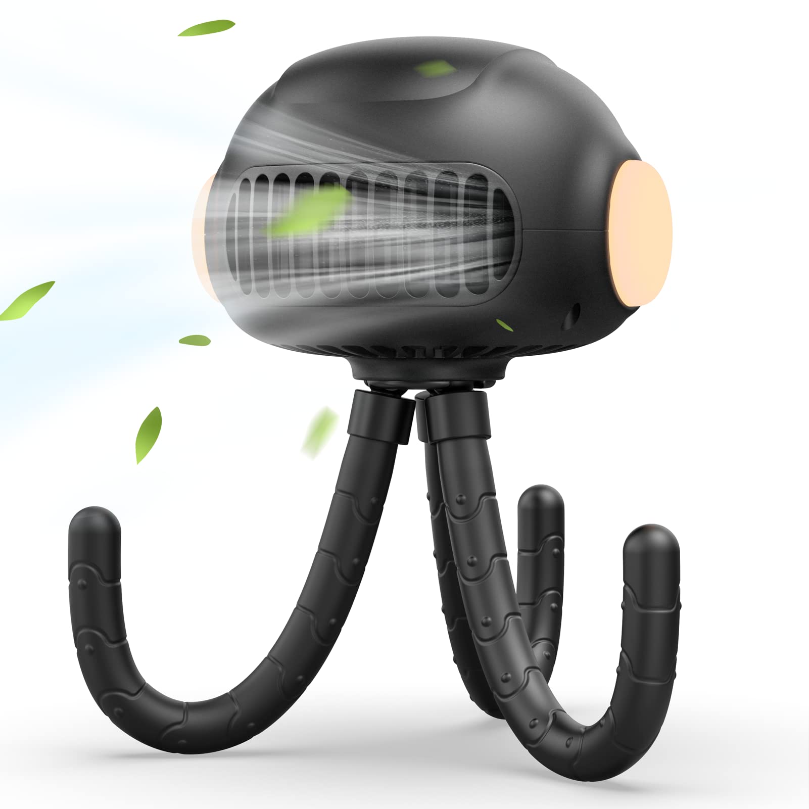 Inverter Table Fans With LED Lights|USB Fans Rechargeable 4000mAh Portable Robot Flexible Tripod Clip |4 Speeds 360°Adjustment, for Baby Stroller, Bedside, Desktop|Where You Can Stand and Hang (Black)