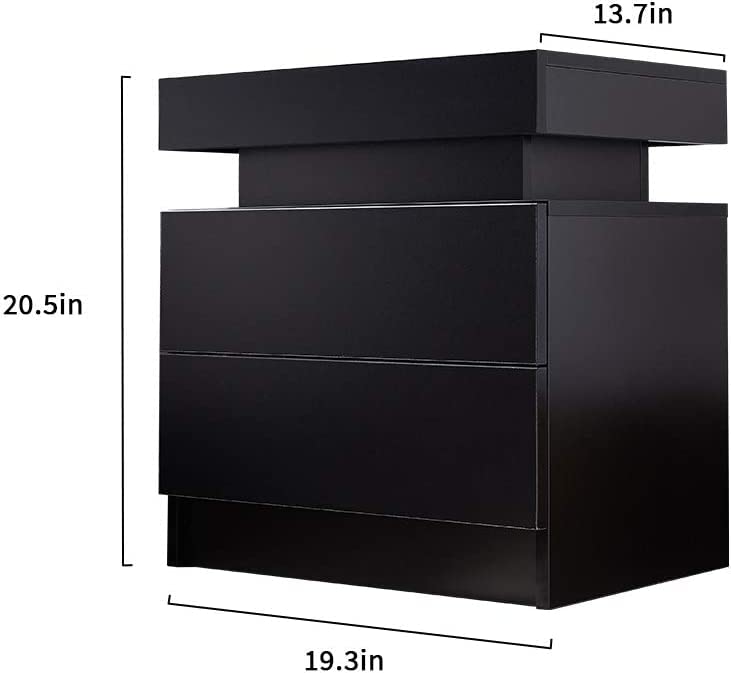 Melon Studio LED Nightstand with Drawers - Stylish Smart Bedside Table with 2 Drawers for Bedroom, Home - Mesa De Noche para Dormitorio - Wooden Nightstand Light RGB with Remote Control - Black