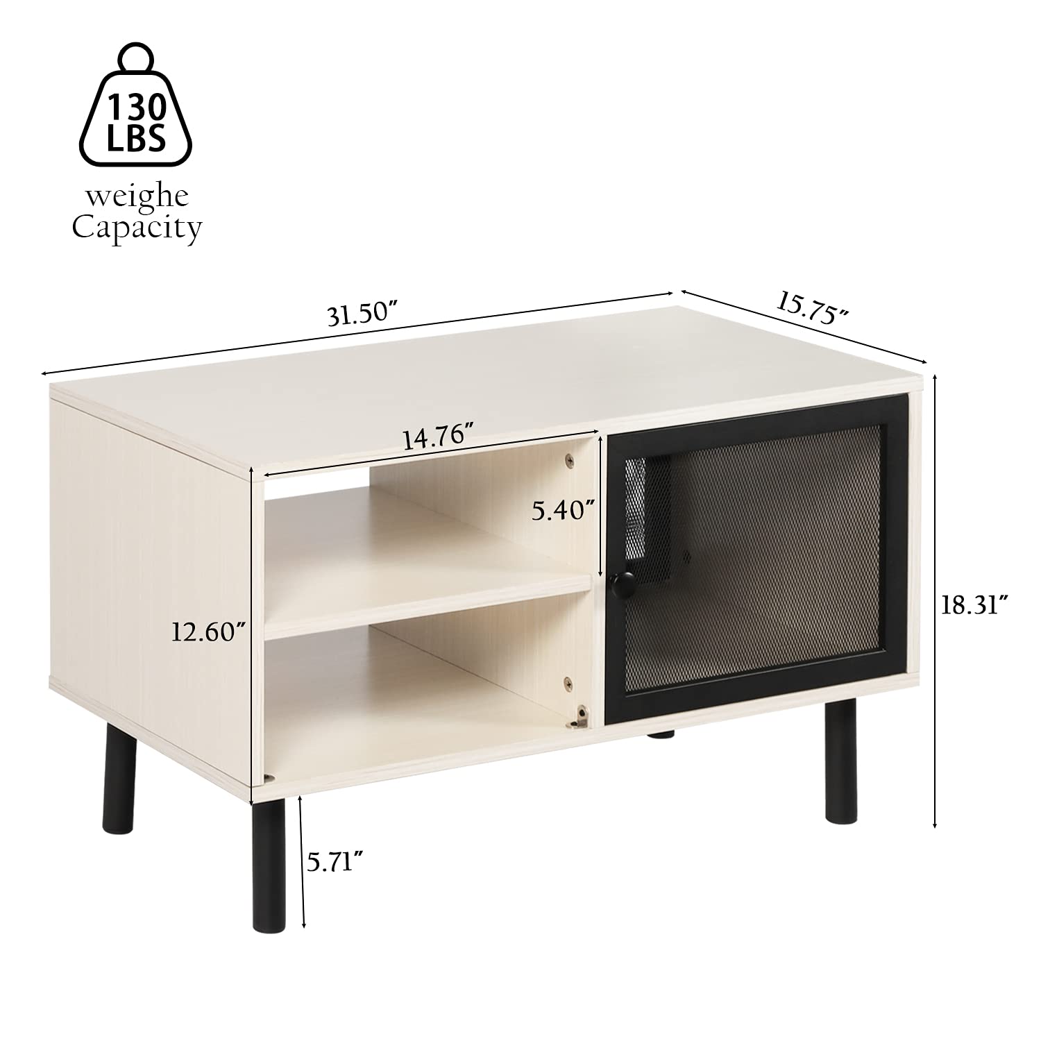 LTMEUTY Coffee Table for Living Room, Mid-Century Modern Coffee Table with Double Mesh Doors & Open Storage Shelves, Wood and Metal Cocktail Table, Accent Furniture, White Wood Grain