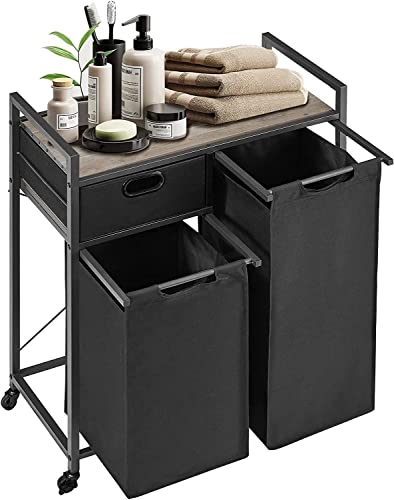 CUANBOZAM Laundry Hamper Cart, 130L Laundry Basket Laundry Sorter 2 Section, Removable Laundry Bags, Pull-Out Laundry Sorter, Metal Frame, Clothes Hamper for Bathroom, Dorm, Laundry Room