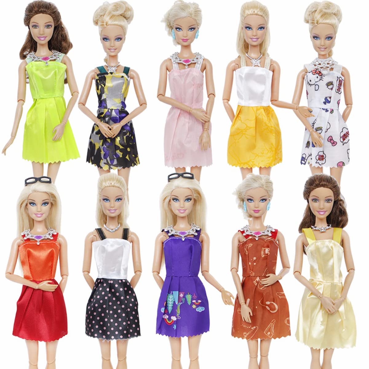 FUB 20 Pcs = Random 10x Mixed Style Mini Dress + 6X Plastic Necklaces + 4X Black Glasses Clothes for Accessories Toy